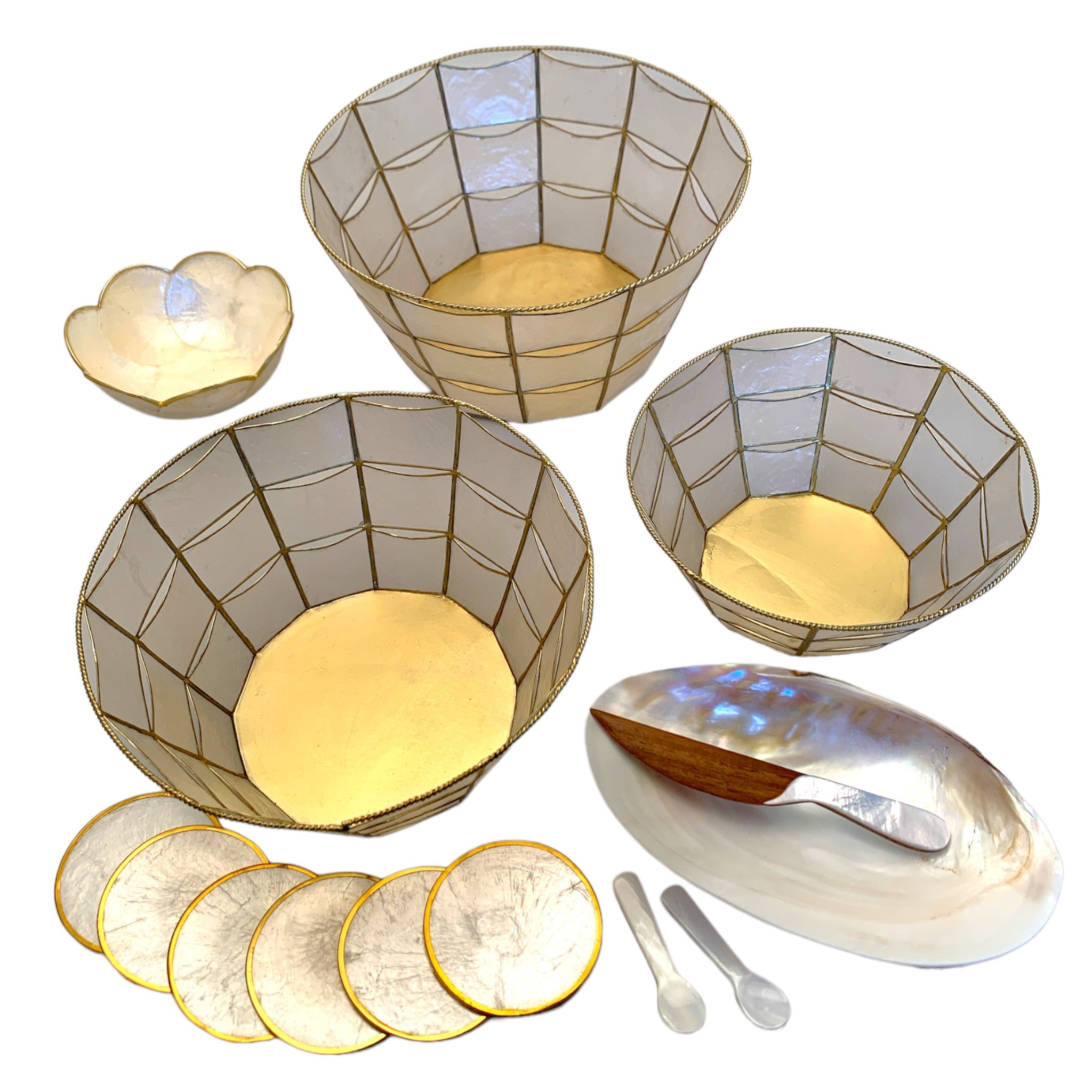 WHITE CAPIZ BASKET W/GOLD - ROUND 7-5 inch dia – Tropitek-Wholesale